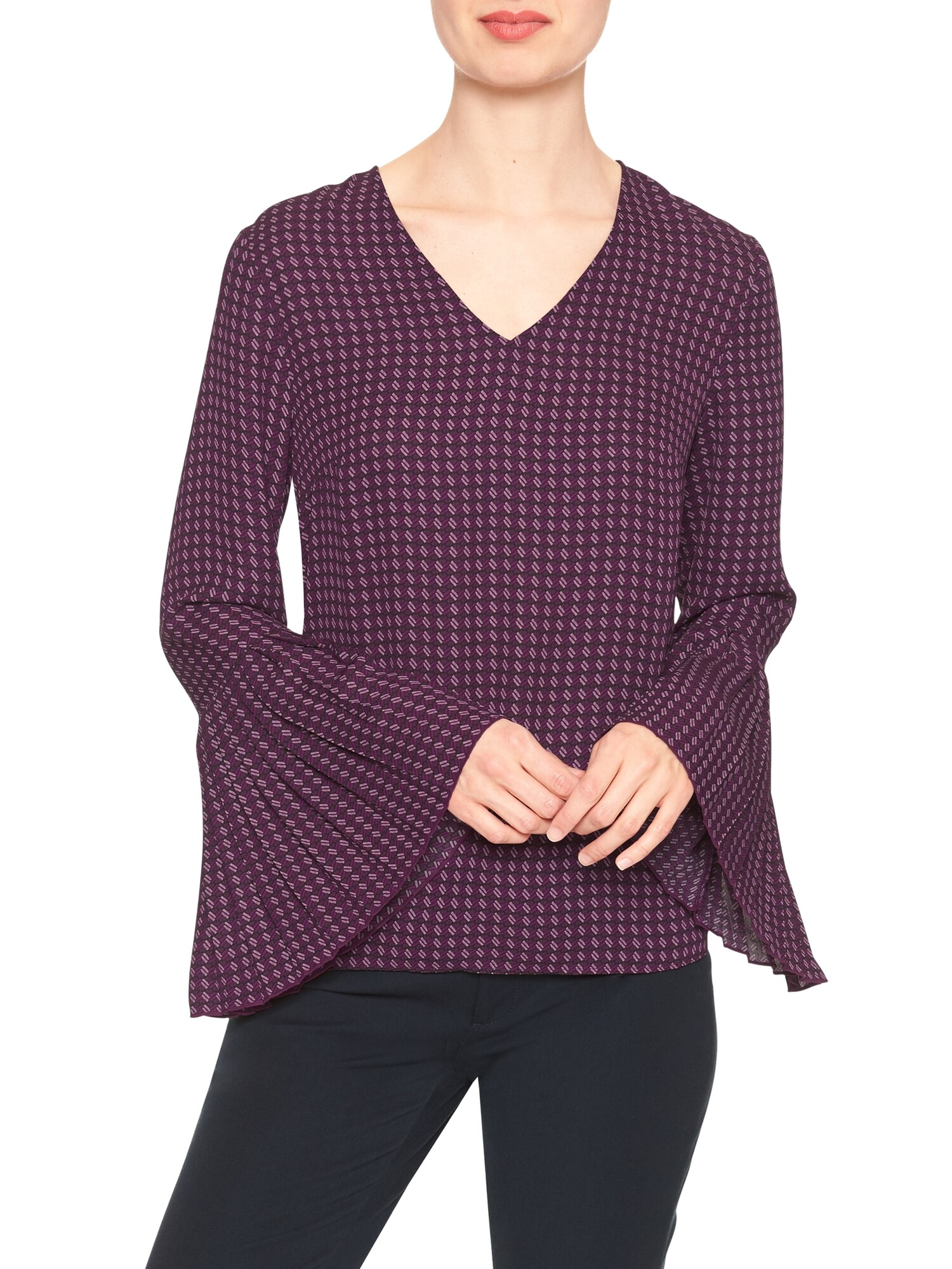 V-Neck Pleated Bell Cuff Print Blouse | Banana Republic Factory