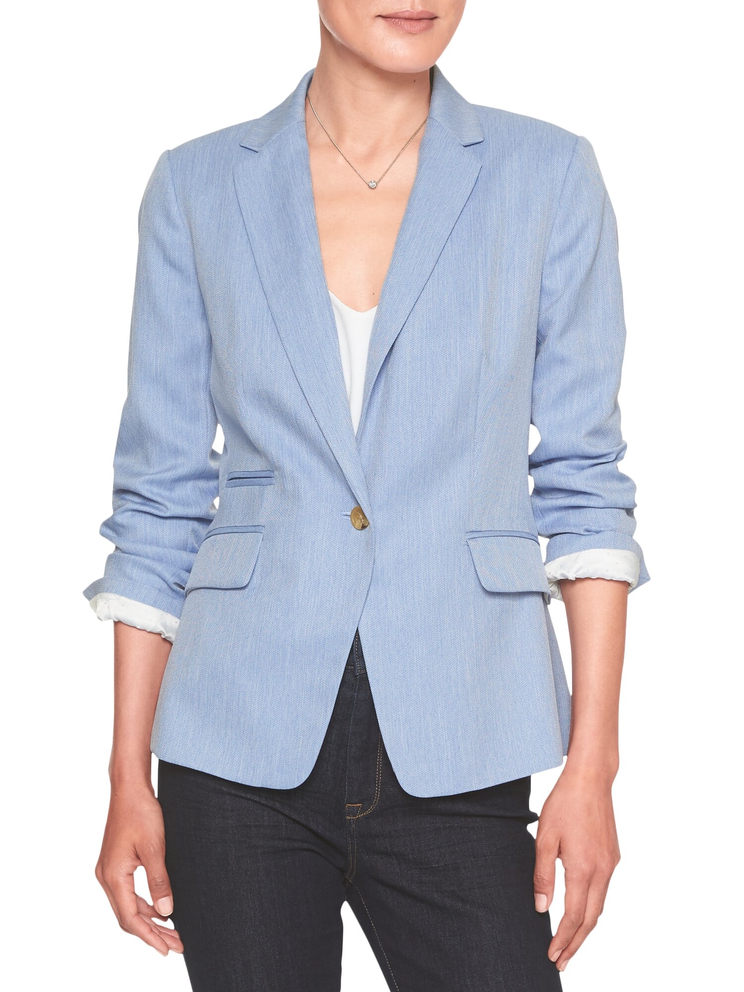 Machine Washable Blue Mini Herringbone Cutaway Suit Blazer | Banana ...