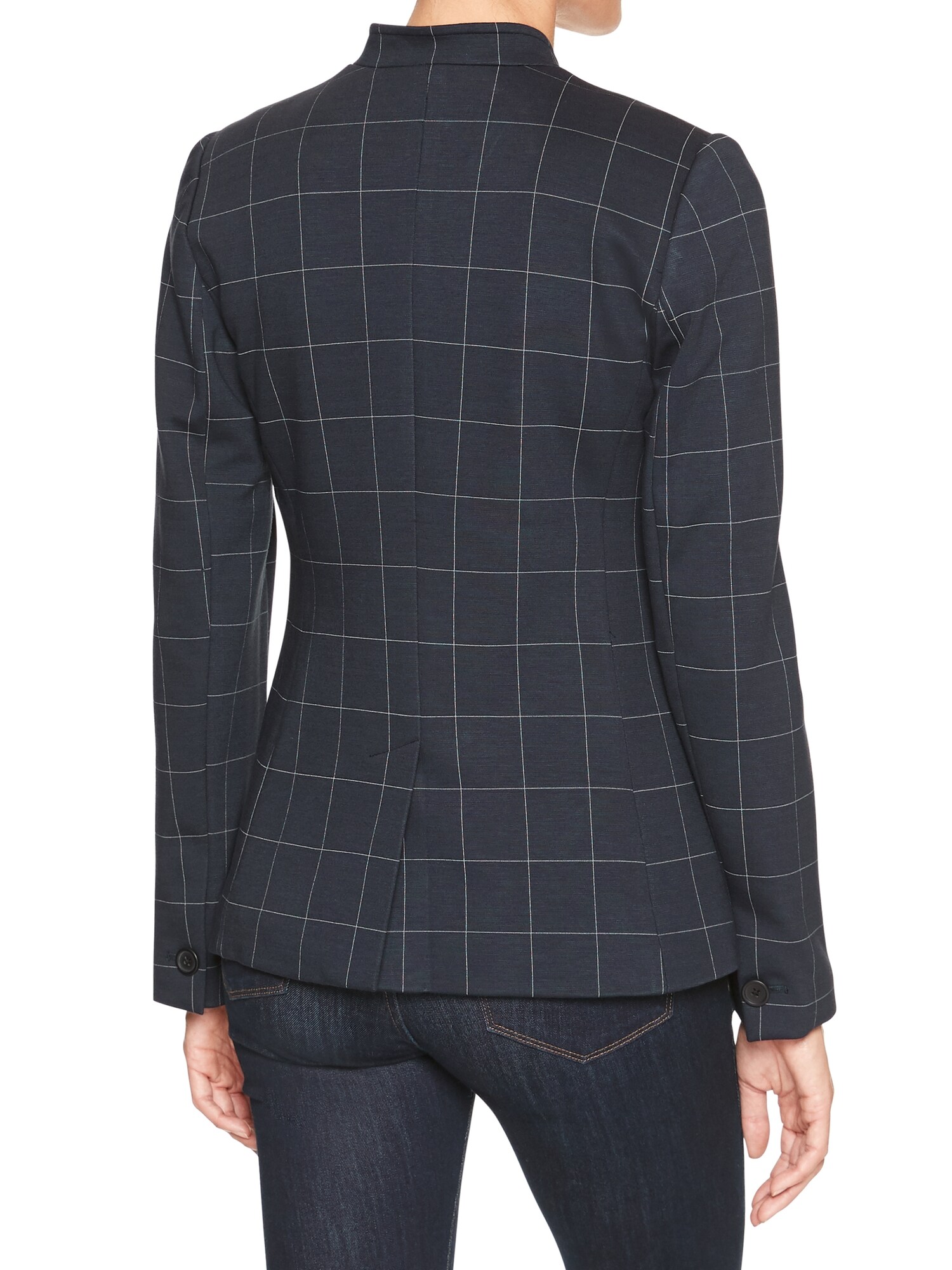 Petite Machine Washable Navy Windowpane Inverted Collar Ponte Suit ...