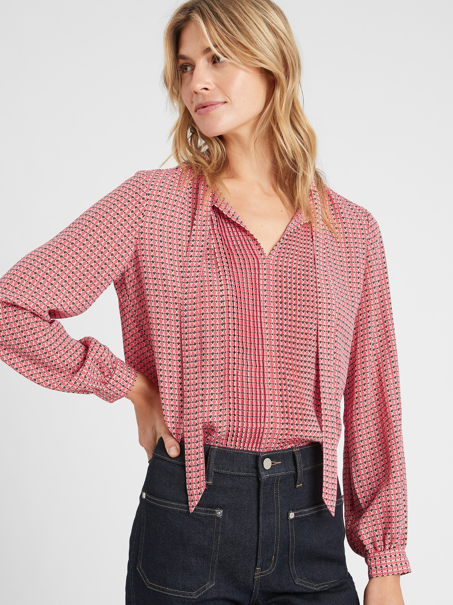 Petite Pleated Bow-Neck Blouse | Banana Republic Factory