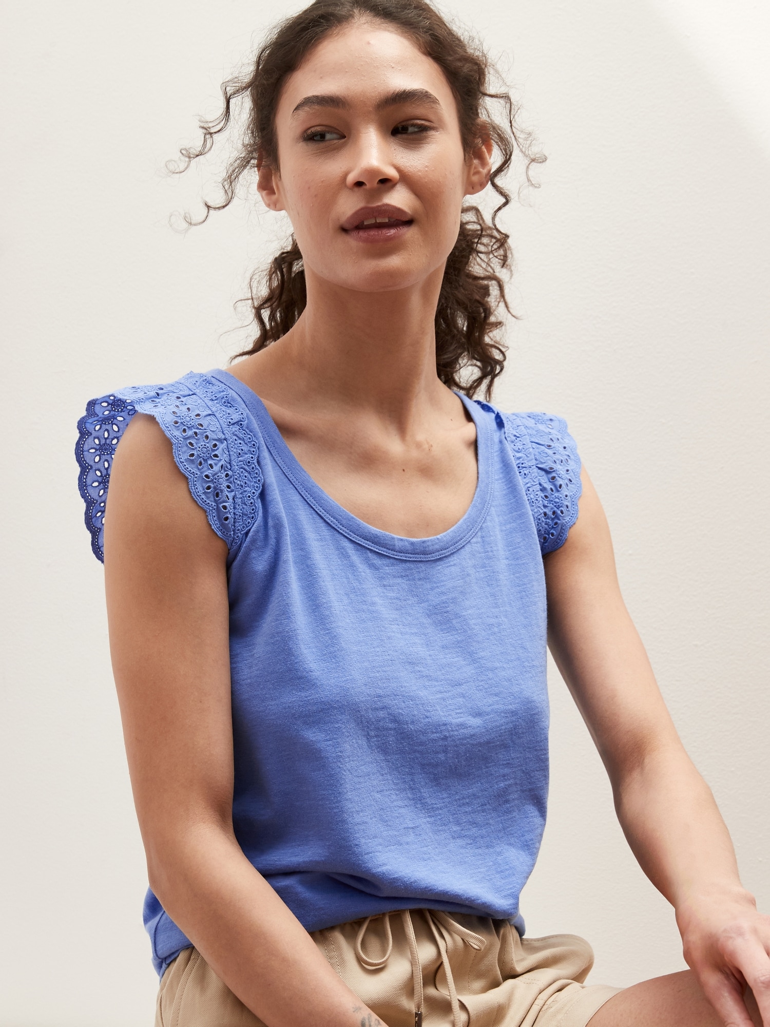 Mixed Media Eyelet Flutter-Sleeve Tank | Banana Republic Factory