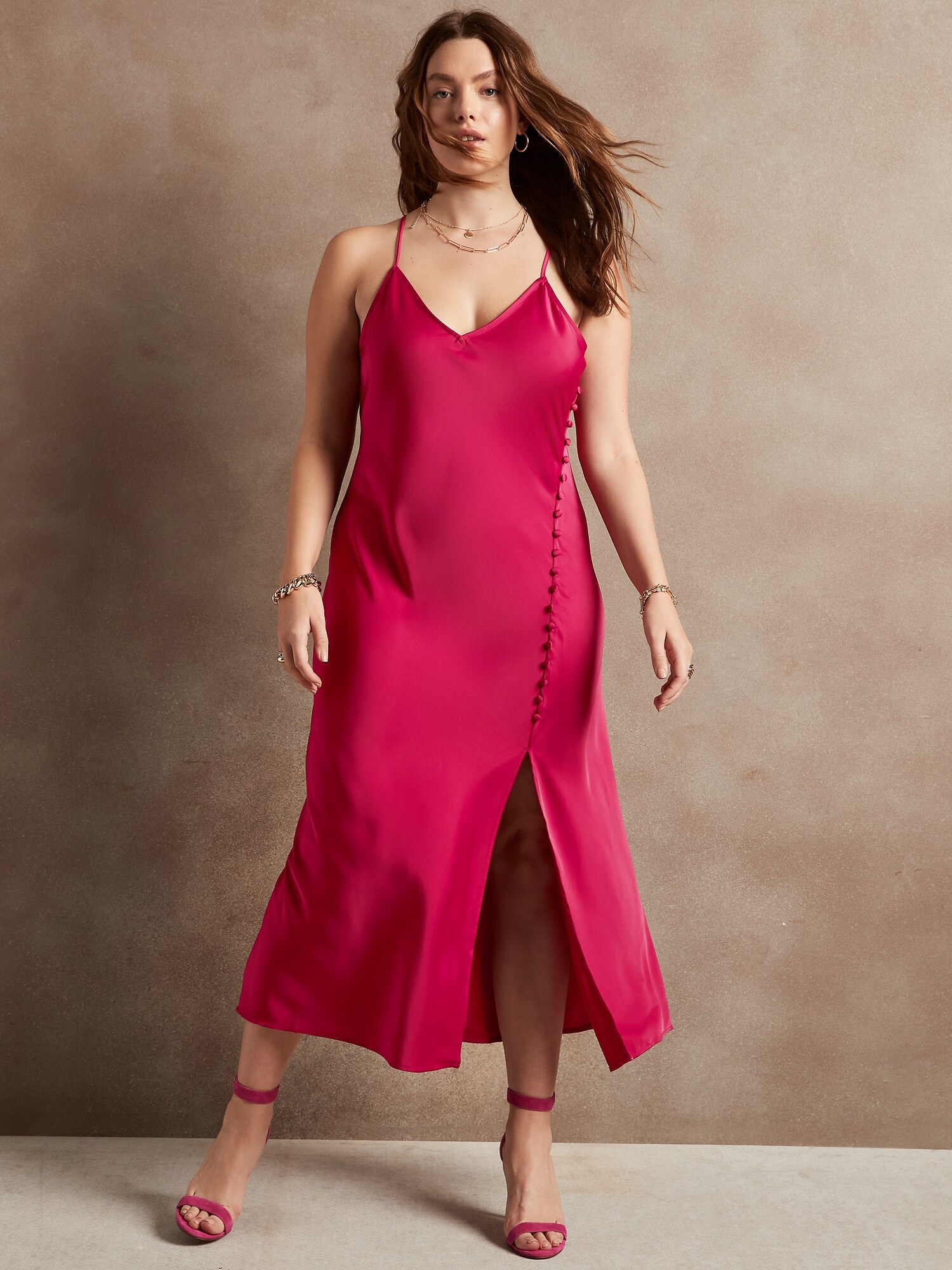 Covered Button Satin Midi Slip Dress Banana Republic Factory Covered Button Satin Midi Slip Dress Banana Republic Factory