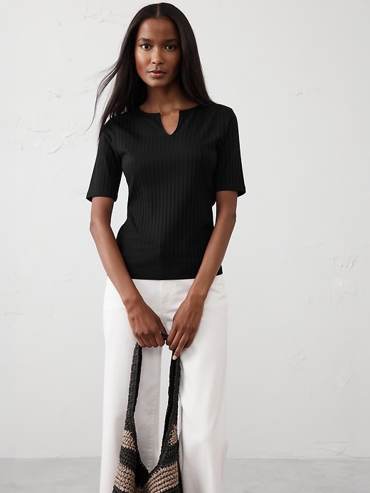 Wide Ribbed Split-Neck Top | Banana Republic Factory